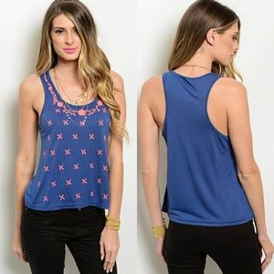 En Creme | Tops | Embroidered Blue Tank | Poshmark